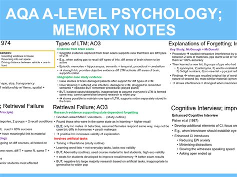 concise a a level psychology aqa notes memory notes teaching resources