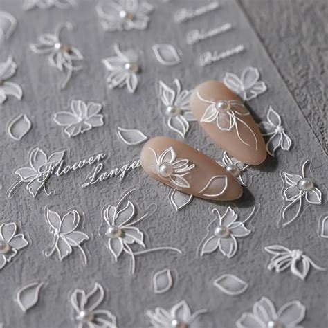 5d Embossed Flower Nail Stickers For Nail Art White Floral
