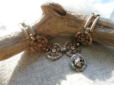 Vintage Assemblage Flower Theme Bracelet In Mixed Metals With Fold Over Clasp Etsy