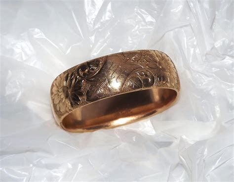 Victorian Wide Gold Filled Bangle Engraved Etched Gf Hinged Bracelet