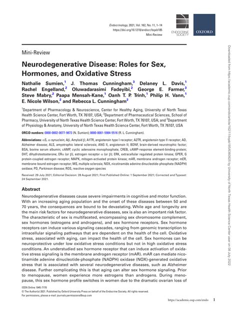 Pdf Neurodegenerative Disease Roles For Sex Hormones And Oxidative