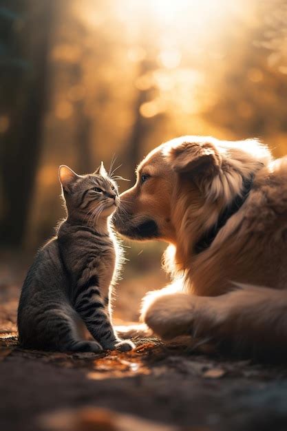 Un Gato Y Un Perro Adulto En La Ilustración De La Foto Del Atardecer
