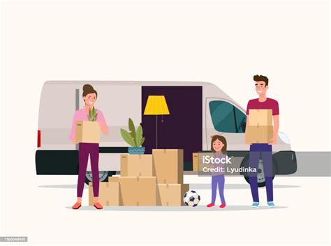 남자 여자와 여자는 상자를 개최합니다 집을 이사 열린 문이있는화물 밴 벡터 플랫 스타일 일러스트레이션 가족에 대한 스톡 벡터 아트 및 기타 이미지 Istock