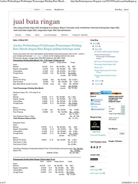 Analisa Perbandingan Perhitungan Pemasangan Dinding Bata Merah Dengan