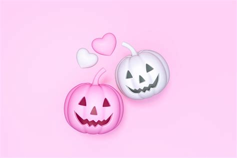 파스텔 배경 3d 렌더링에 사랑에 핑크와 흰색 잭 O랜턴 또는 할로윈 호박 축하 달콤한 할로윈 이벤트 템플릿 미니멀 한 스타일