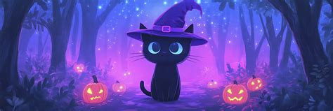 어두운 숲 속 길 위에 서 있는 보라색 마녀 모자를 쓴 검은 고양이 그 주위에는 빛나는 호박이 있고 배경은 나무로 가득 차 있고 달빛이 나뭇잎 일부를 비추고 있다 검은