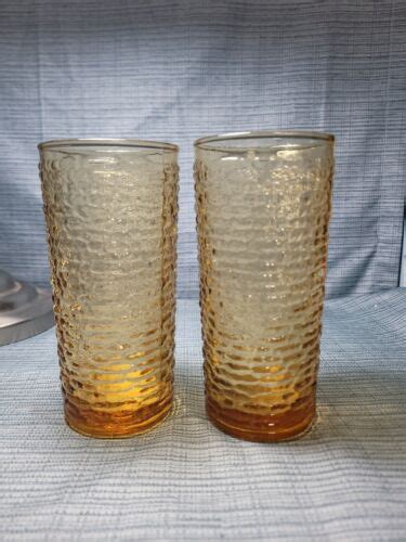 Vtg Amber Yellow Crinkle Ice Drinking Glass Tumbler Mcm Mid Century