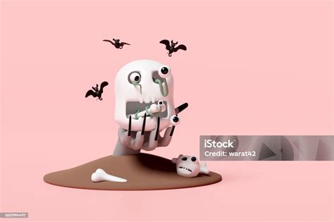 눈 벌레 입 두개골에 해골 좀비 손 분홍색 배경에 격리된 박쥐가 있는 3d 할로윈 휴일 파티 3d 렌더링 일러스트레이션 3차원 형태에 대한 스톡 사진 및 기타 이미지