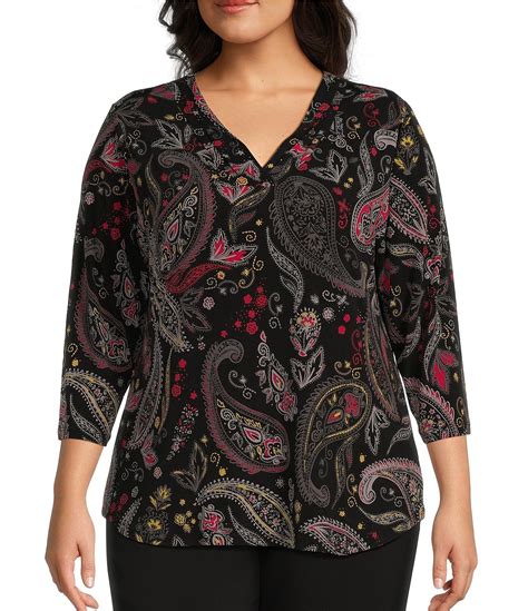 Allison Daley Plus Size Red Black Paisley Print 3 4 Sleeve V Neck
