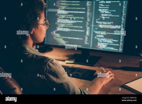 Back Behind View Photo Of Dark Skin Programmer Lady Look Big Monitor Check Id Address Work
