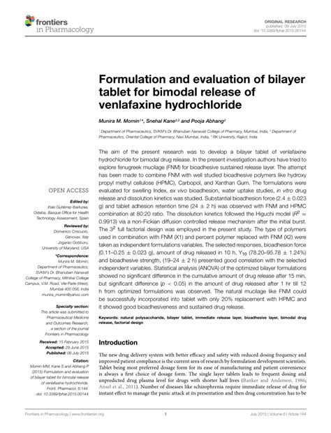 Pdf Formulation And Evaluation Of Bilayer Tablet For Bimodal Release Of Venlafaxine Hydrochloride