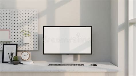 A Modern White Computer Desk Features A Computer With A White Screen