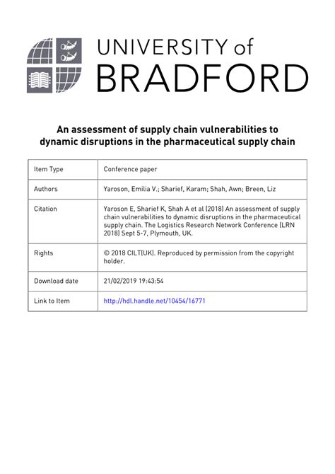 PDF An Assessment Of Supply Chain Vulnerabilities To Dynamic Disruptions In The Pharmaceutical