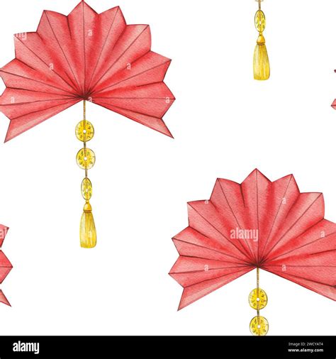Seamless Watercolor Pattern For Chinese New Year Red Hand Fan With