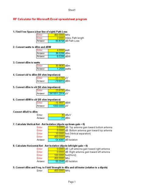 Rf Calculator For Microsoft Excel Spreadsheet Program Enter Enter Pdf Antenna Radio Decibel