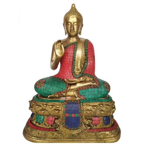 Brass Buddha Sitting Medicine Buddha Statue With Stone Work Haveli Arts