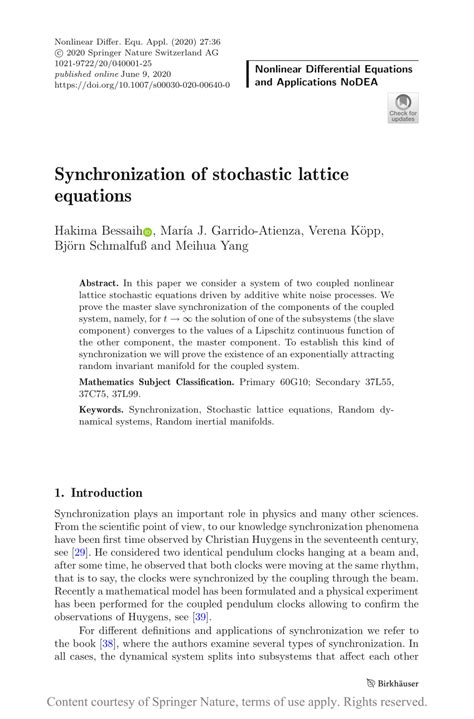 Synchronization Of Stochastic Lattice Equations Request Pdf