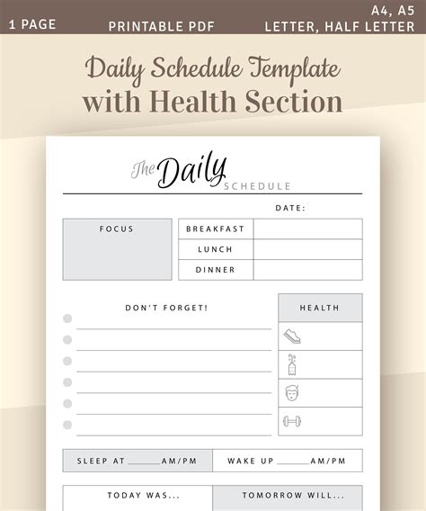 Daily Schedule Printable Template With Health Section Undated Etsy