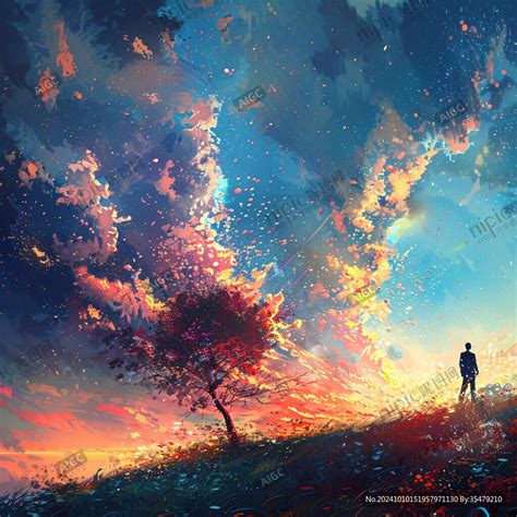 Ai创作图梦幻场景插画 插画落日 幻想梦境插画 人在黄昏树丛 插画夕阳下 孤独背影插画 浪漫星空插画 插画夕阳 梦幻风景女孩 唯美意境插画 梦幻夜景插画 唯美风景插画 孤独感插画 唯美晚霞插画