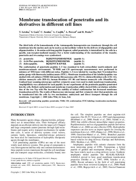 Pdf Membrane Translocation Of Penetratin And Its Derivatives In