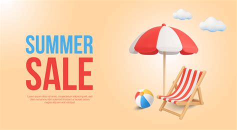 3d 여름 판매 배너 템플릿 해변 의자 우산 및 비치 볼은 비행 구름과 함께 그라데이션 배경에 고립되어 있습니다 여행 할인 배너 템플릿 3d 벡터 관광 리조트에 대한 스톡