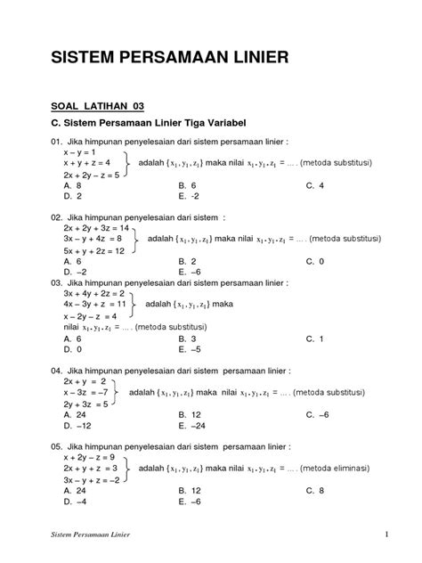 06 Latihan 05 Sistem Persamaan Linier Dengan Tiga Variabel