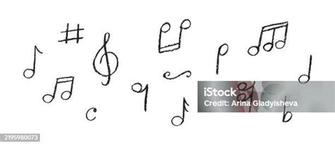 크레용 질감의 음표 세트입니다 낙서 분필 또는 파스텔 벡터 그림 어린 시절에 대한 스톡 벡터 아트 및 기타 이미지 어린 시절