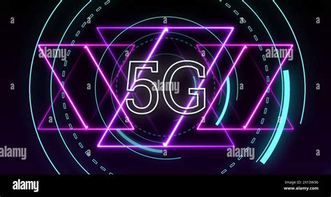 Image Of 5g Text Over Glowing Purple Light Trails Against Round Scanner