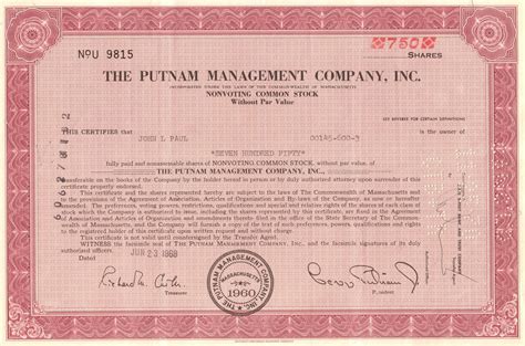 The Putnam Management Company Stock Certificate 1960s Mutual Funds