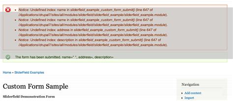 error message when submitting sliderfield example module form [ 2018457