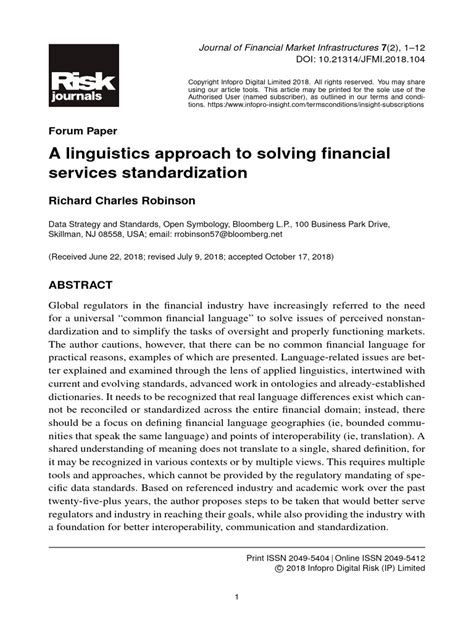 A Linguistics Approach To Solving Financial Services Standardization Online Early Pdf