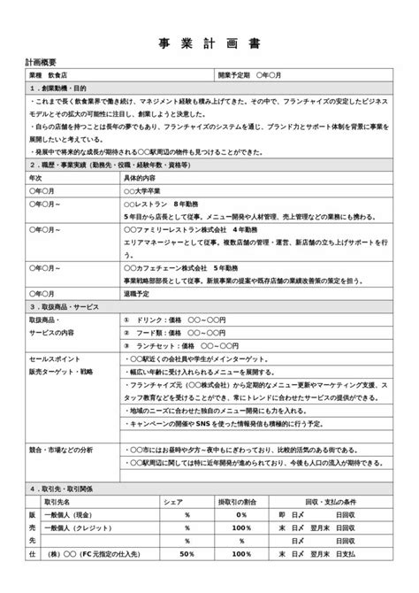 フランチャイズの事業計画書・創業計画書のテンプレート・作成例 マネーフォワード クラウド会社設立