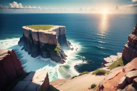 Una Pintura Digital De Un Acantilado Con Un Faro Al Fondo Foto Premium