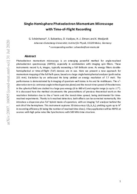 Pdf Single Hemisphere Photoelectron Momentum Microscope With Time Of