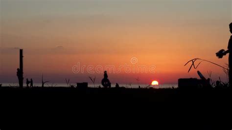 Sunset On The Seashore Silhouettes Of People Are Walking Plants And