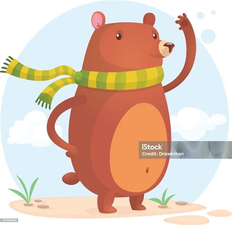 Beruang Bahagia Dalam Syal Kartun Vektor Terisolasi Ilustrasi Stok