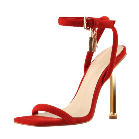 Red Suede Ankle Strap Square Toe Stilettos Metal Heel Sandals Onlymaker