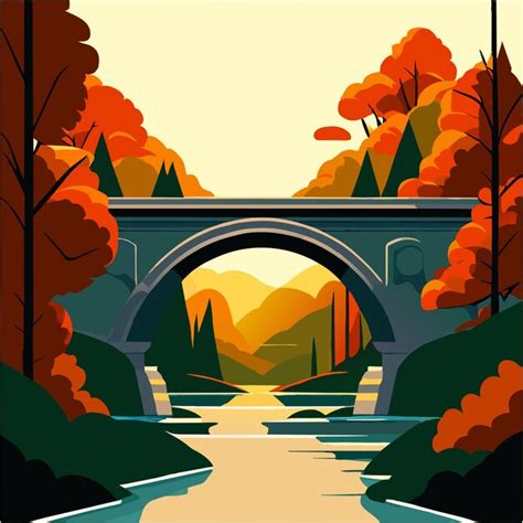 Puente de piedra sobre el río en la ilustración vectorial del bosque en