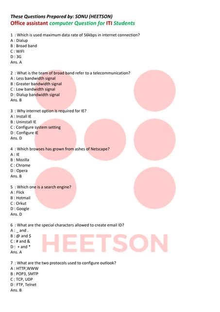 Office Assistant Computer Operator Exam Questions Pdf