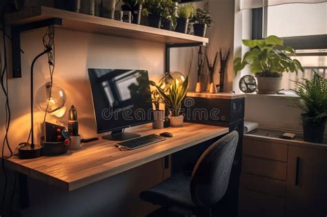 a desk with a computer monitor and a keyboard generative ai image