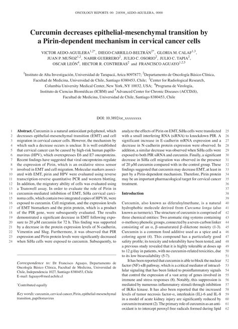 Pdf Curcumin Decreases Epithelial‑mesenchymal Transition By A Pirin