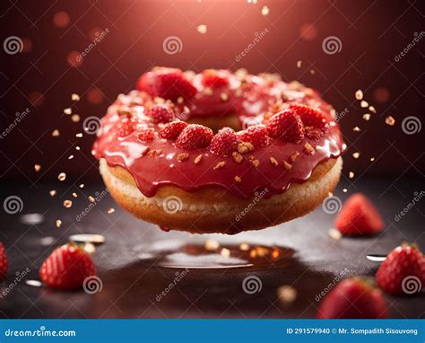 Delicious Strawberry Doughnut Floating In The Air Filled With Cherry Jelly And Topped With