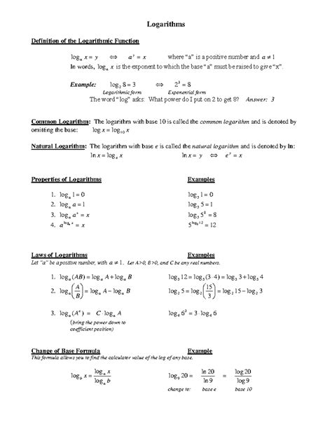 Logarithms Logarithms Definition Of The Logarithmic Function X Y A X
