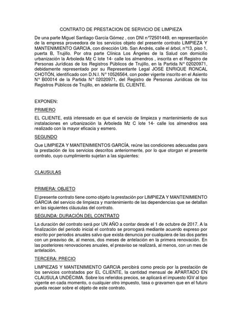 Contrato De Prestacion De Servicio De Limpieza Derecho Laboral Seguro
