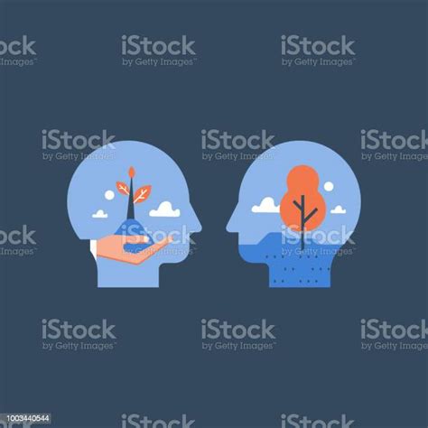 정신 건강 관리 자기 성장 잠재력 개발 동기 부여 및 포부 긍정적인 마인드 심리 치료 및 분석 태도에 대한 스톡 벡터 아트 및
