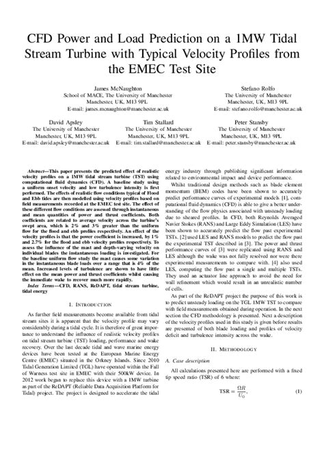 Pdf Cfd Power And Load Prediction On A 1mw Tidal Stream Turbine With Typical Velocity Profiles