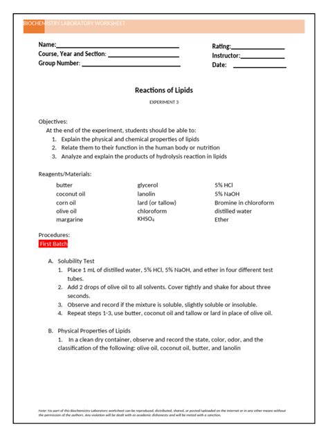 Experiment 3 Reactions Of Lipids Biochem Lab Pdf