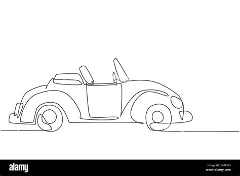Single Continuous Line Drawing Old Retro Convertible Car Parked At City