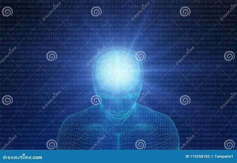 Human Head With Brain With Binary Code Wireframe Model Stock Illustration Illustration Of
