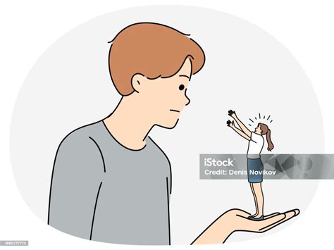 젊은 남자가 손바닥을 잡고 포옹이나 위로를 요청하는 작은 여자 그림입니다 절망적인 소녀는 사랑과 애정을 구걸합니다 관계 개념